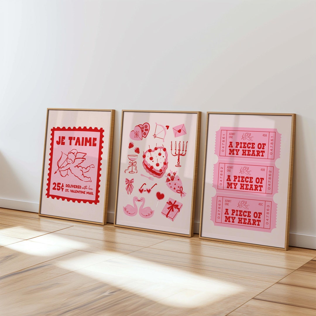 Valentine's Day Set of 3 Prints Pink Romantic Decor, Pink & Red Wall ...