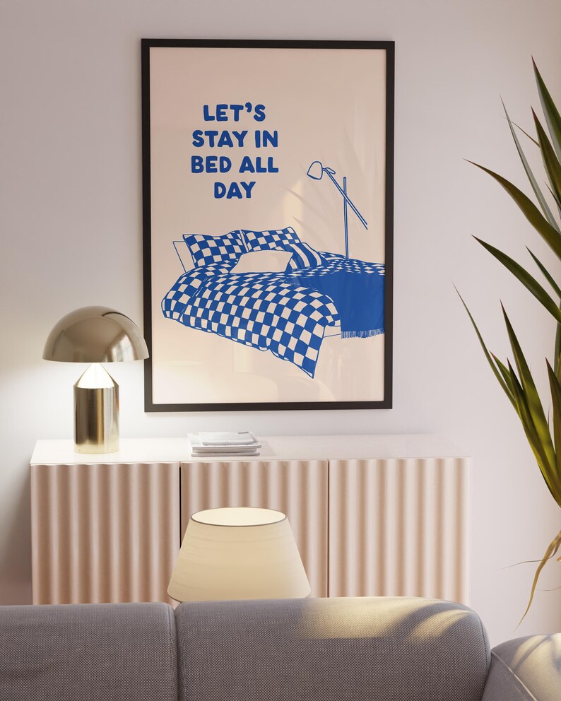 Let’s Stay in Bed Print Retro Bedroom Printable Wall Art, Blue Trendy ...