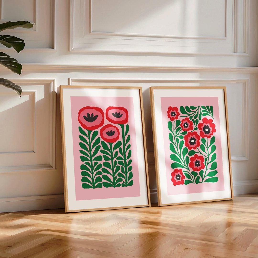 Retro Poppy Art Print Pink & Green Flower Poster Set of 2, Colorful ...