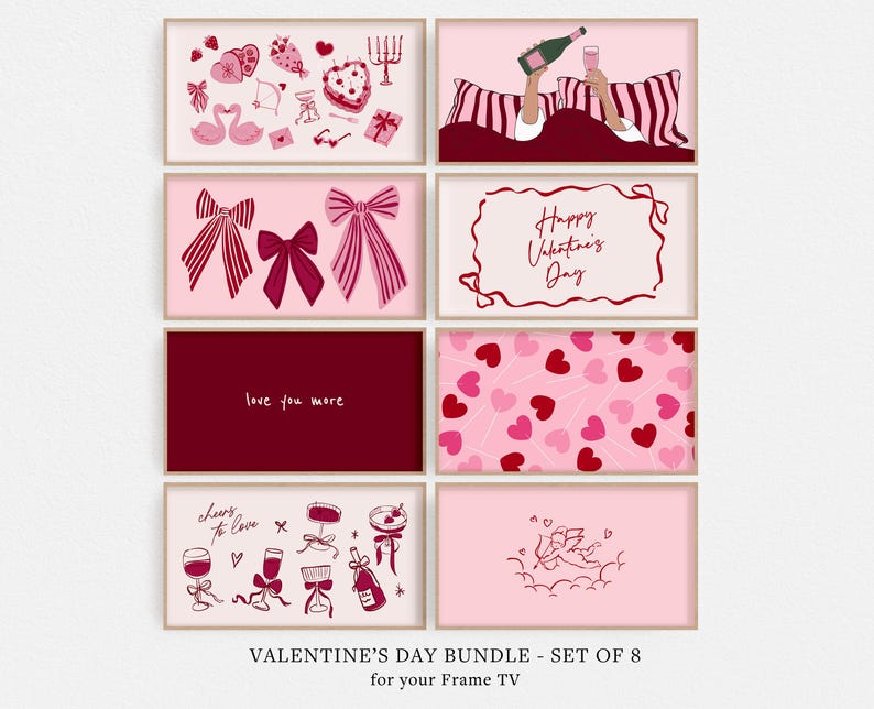 Girly Valentines Frame TV Art Set of 8 Prints, Pink & Burgundy ...