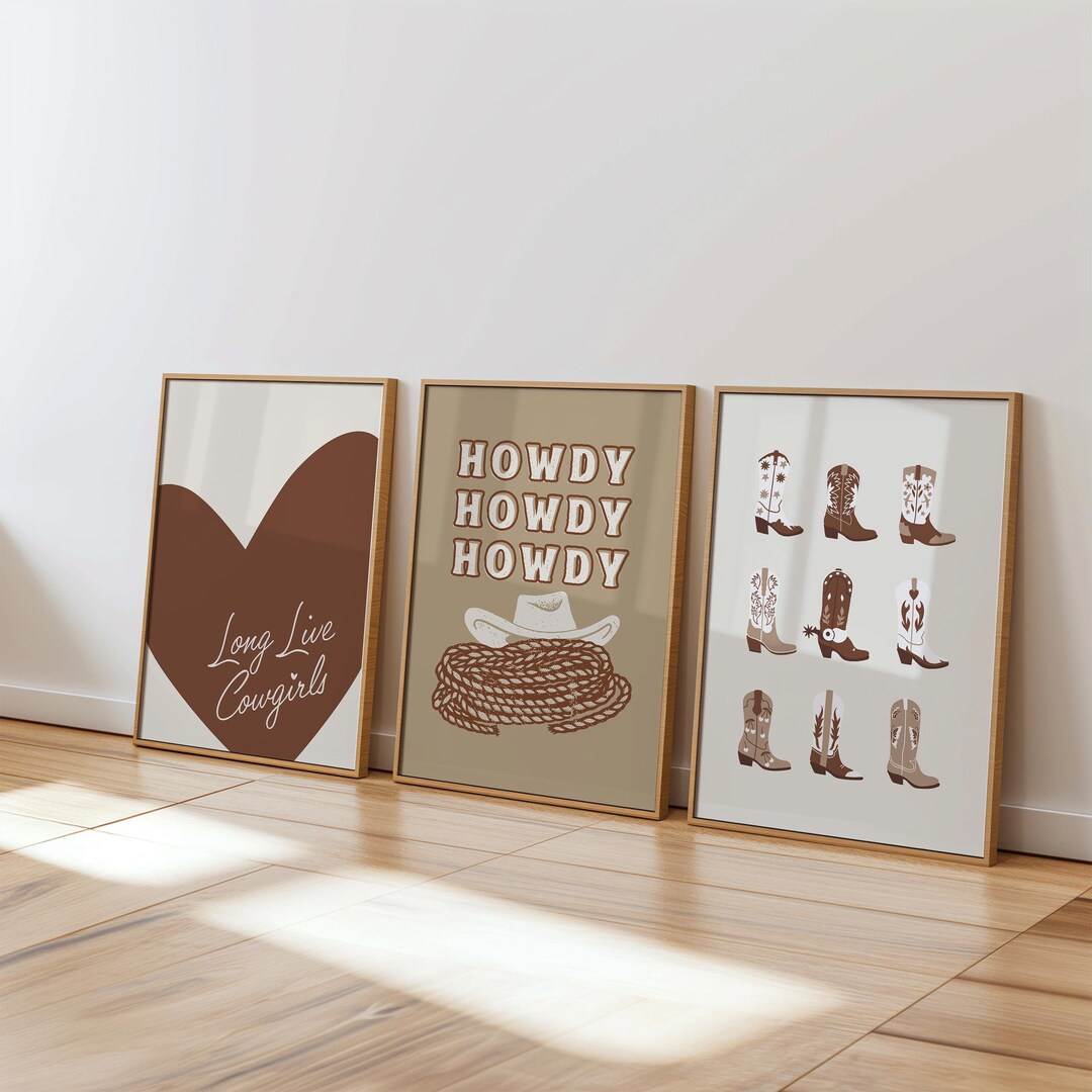 Retro Cowgirl Print Set of 3 Long Live Cowgirls Poster, Brown Trendy ...