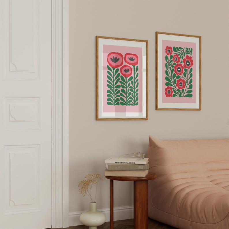 Retro Poppy Art Print Pink & Green Flower Poster Set of 2, Colorful ...