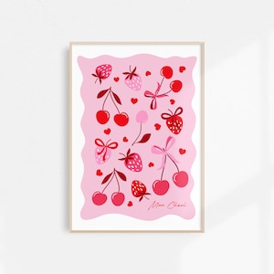 Strawberry Poster Coquette Room Decor, Bows Cherries Mon Cheri Print ...