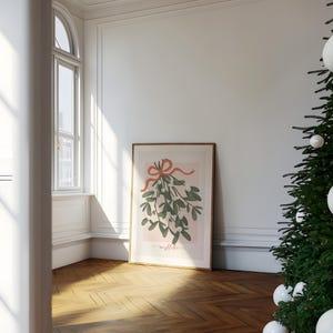 Pink Mistletoe Print Coquette Christmas Printable Art, Minimalist ...