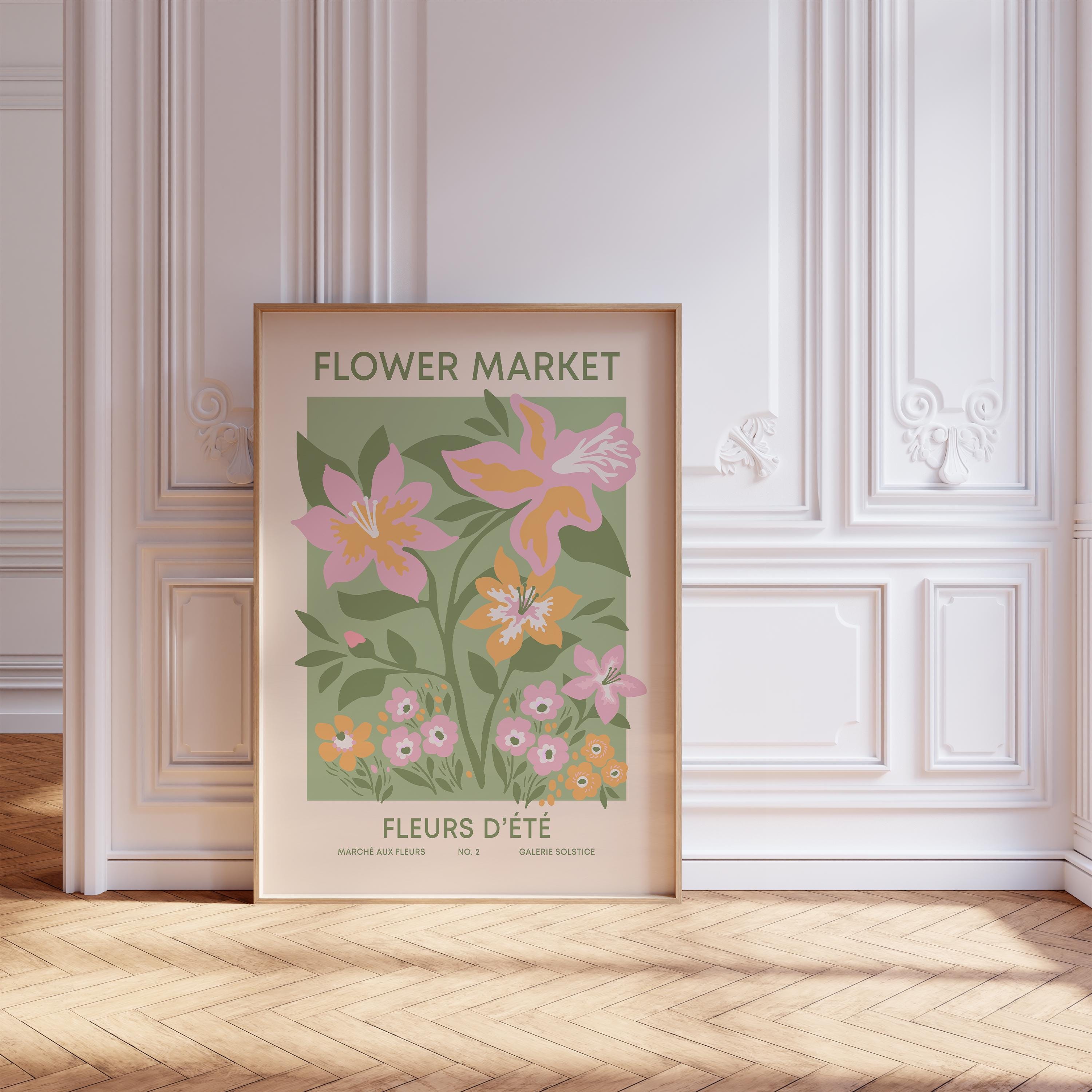 Green & Pink Flower Market Poster Retro Floral Printable Art, Aesthetic ...