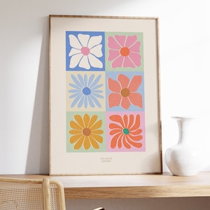 Retro Flower Wall Art Floral Printable Art, Pink & Blue Print Hippy Art ...