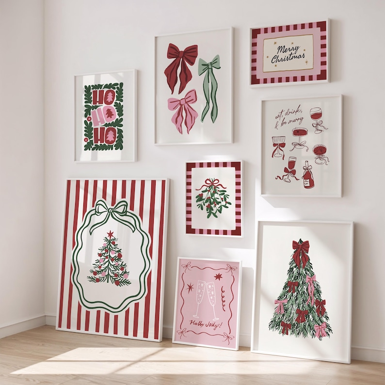 Preppy Christmas Prints: Set of 8 Burgundy & Pink Trendy Christmas ...