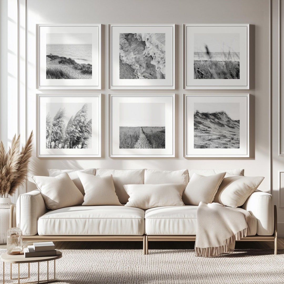 Black and White Square Beach Prints Set of 6 for Gallery Wall, Coastal ...