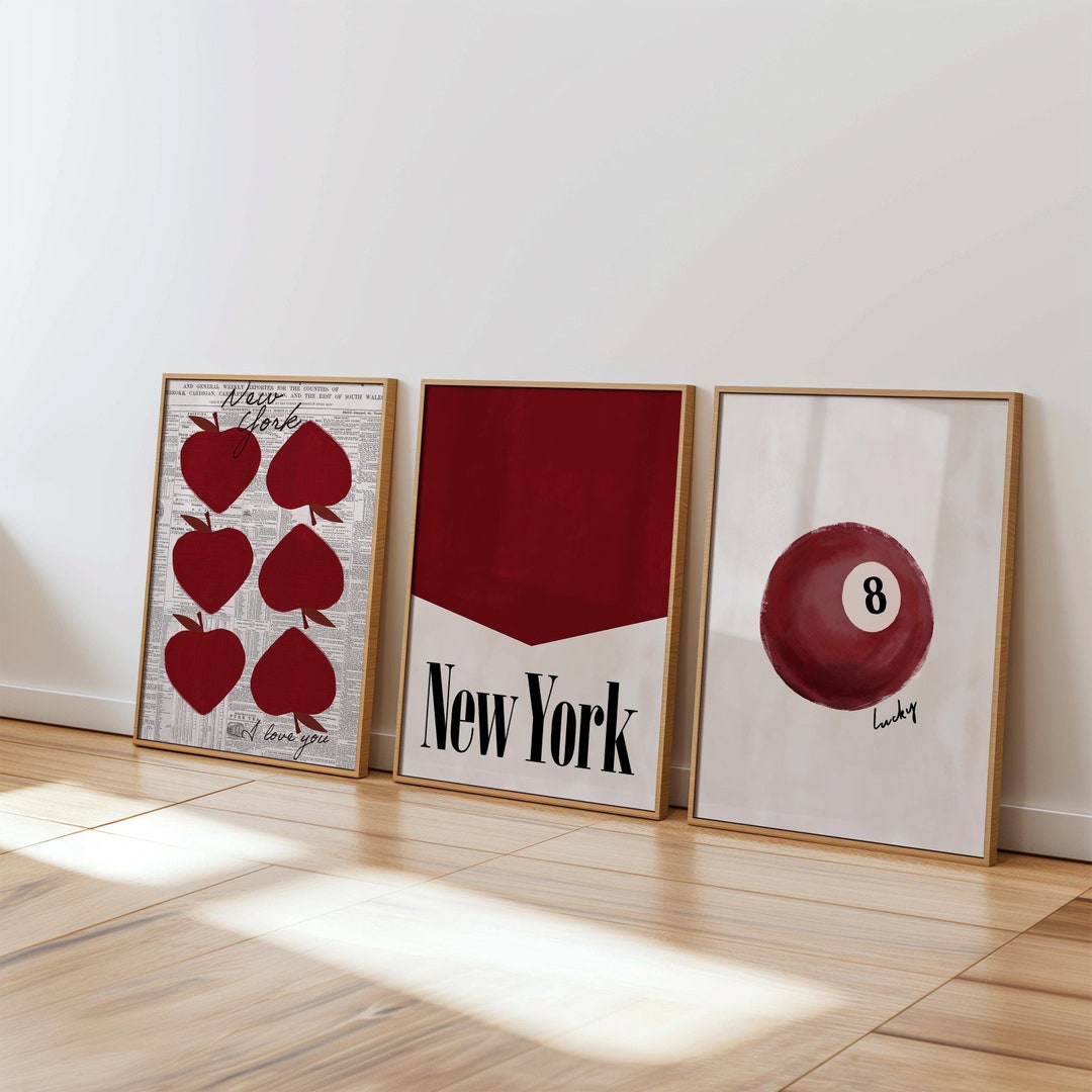 Red Retro Poster Set of 3 New York Wall Art, Trendy Red Wall Art ...