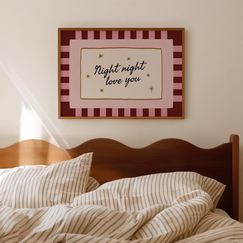 Night Night Poster: Burgundy Bedroom Wall Art, Pink Horizontal Over the ...
