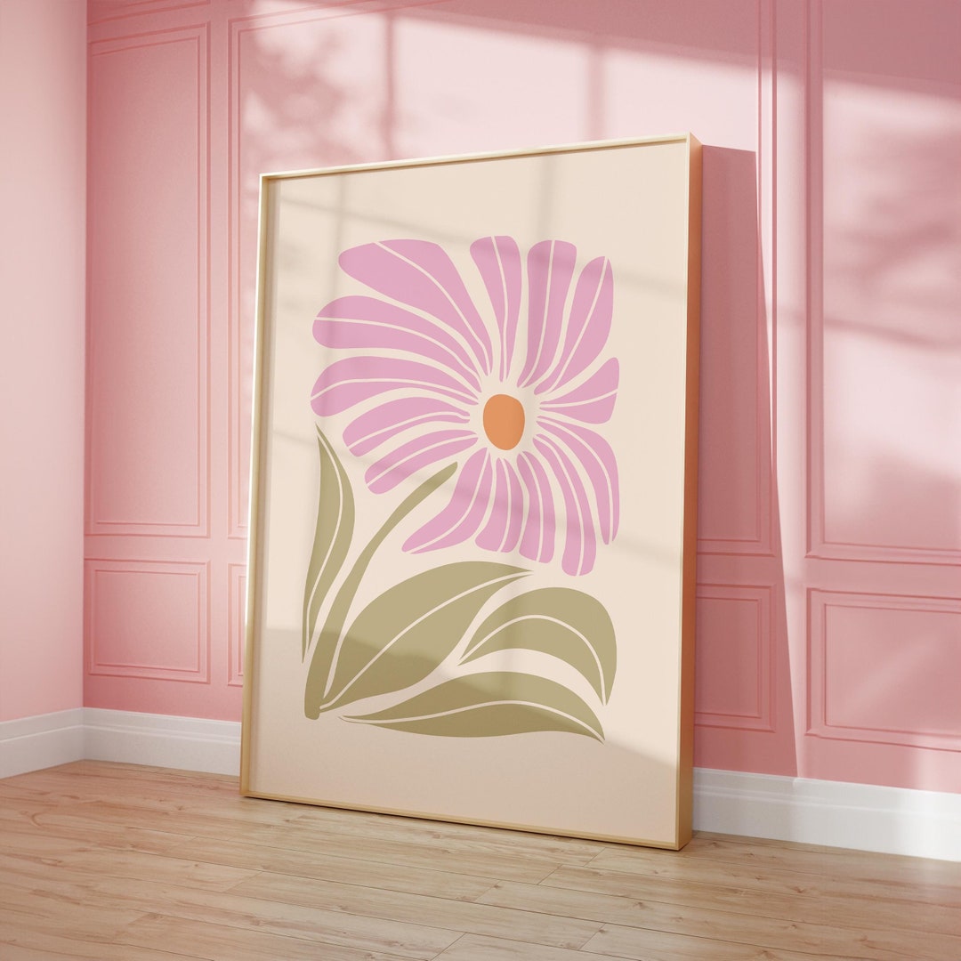 Groovy Flower Print Pastel Flower Poster, Pink & Sage Green Abstract ...