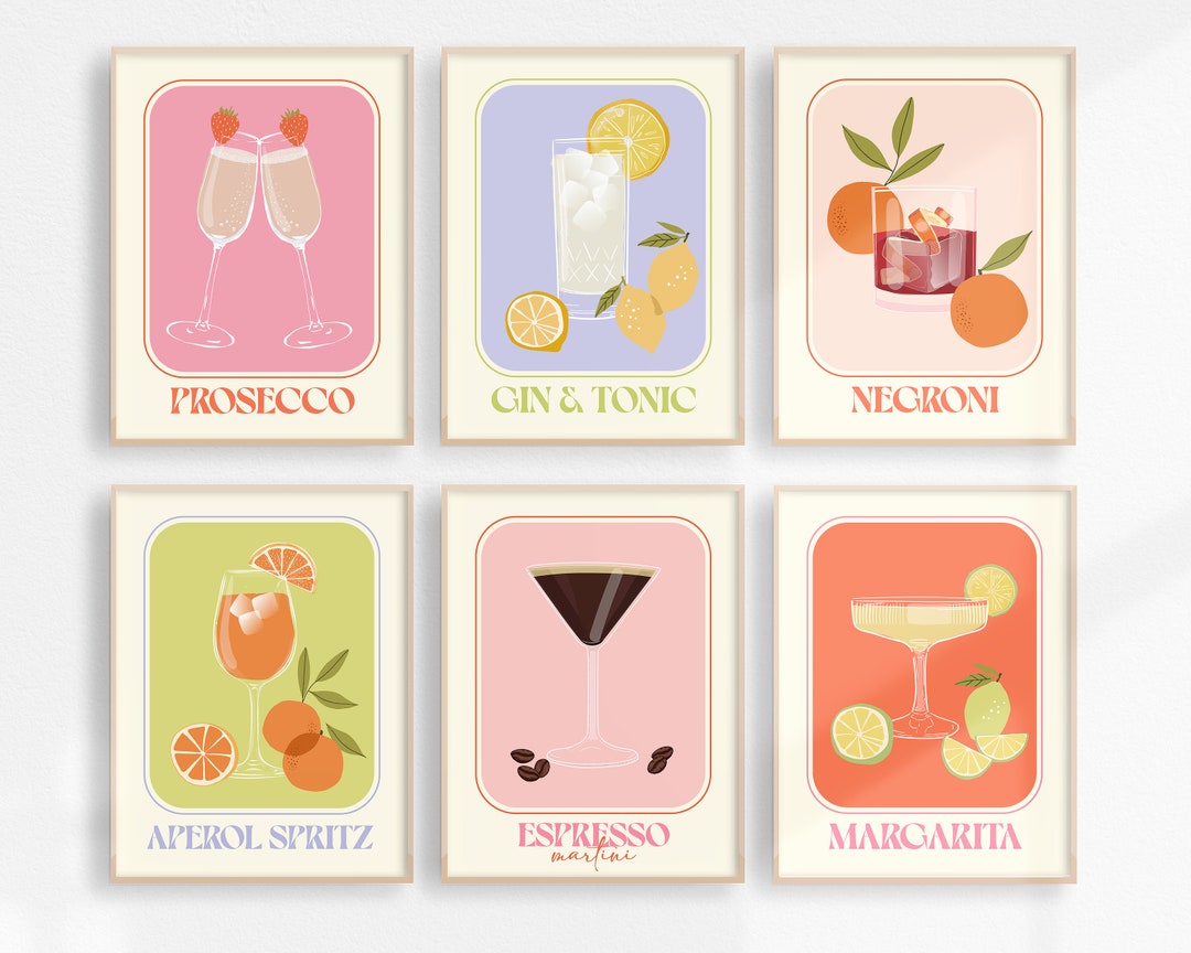 Cocktail Posters Gallery Wall Set of 6 Cocktail Prints Kitchen Wall Art ...