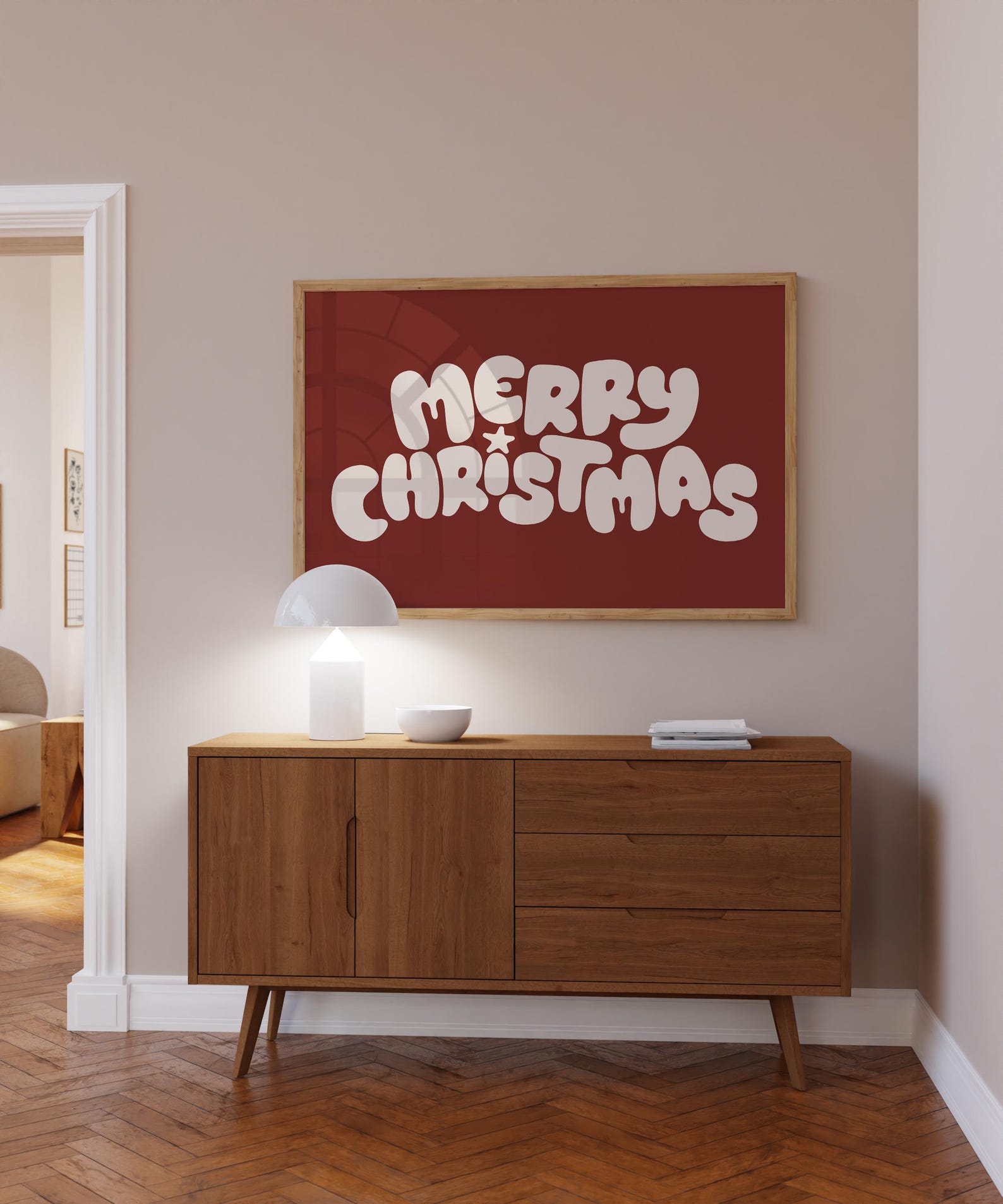 Retro Christmas Printable Horizontal Christmas Wall Poster, Dark Red ...