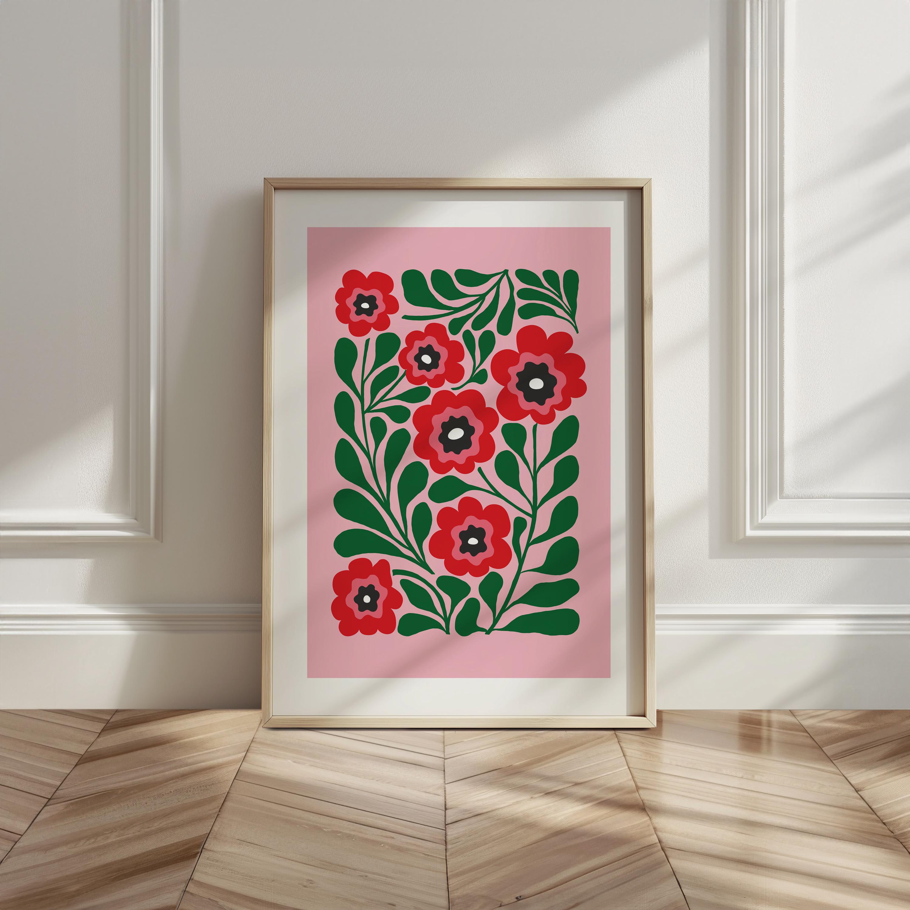 Retro Poppy Art Print Pink & Green Flower Poster Set of 2, Colorful ...
