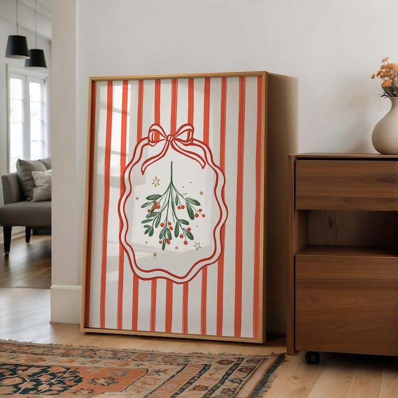 Red & White Striped Mistletoe Print: Cute Christmas Printable Art ...