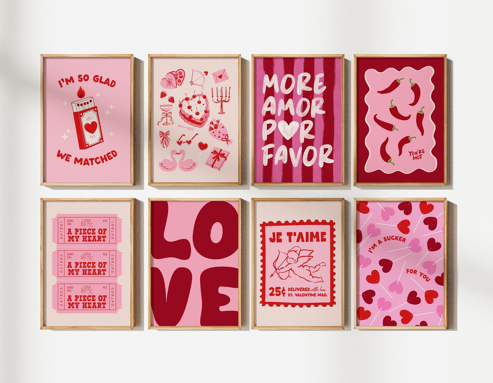 Retro Valentines Wall Decor Set of 8 Printable Romantic Posters Cute ...