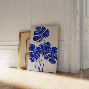 Cobalt Blue Wall Art Botanical Posters, Blue Abstract Leaves Print Set ...