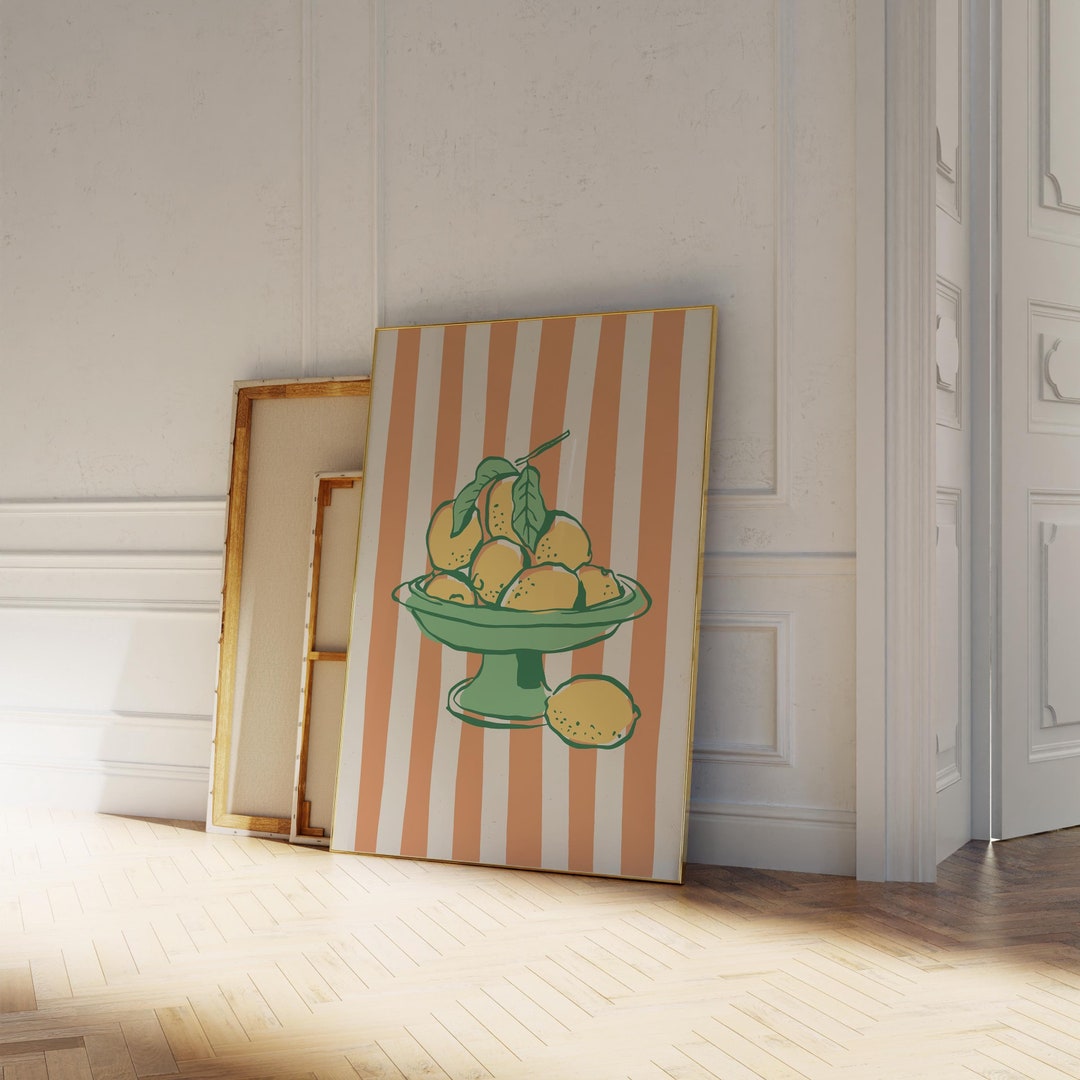 Retro Lemons Poster Stripes & Lemons Printable Art, Modern Wall Art ...