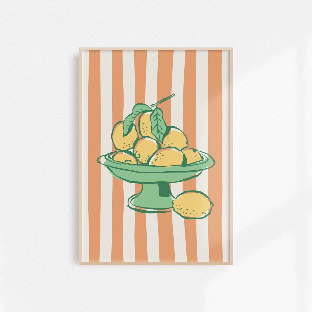 Retro Lemons Poster Stripes & Lemons Printable Art, Modern Wall Art ...