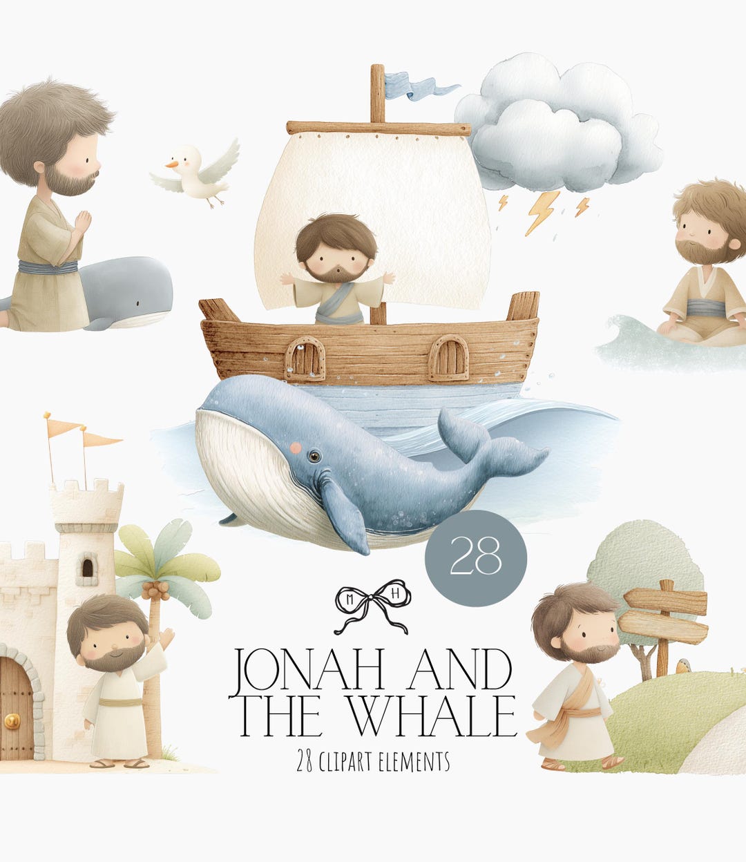 Jonah and the Whale Clipart Set, Biblical Story Clipart, Cute Bible PNG ...