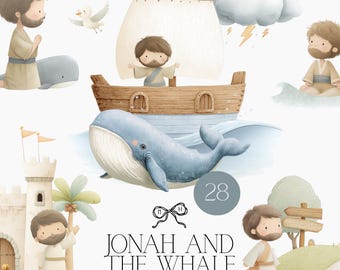 Jonah and the Whale Clipart Set, Biblical Story Clipart, Cute Bible PNG ...