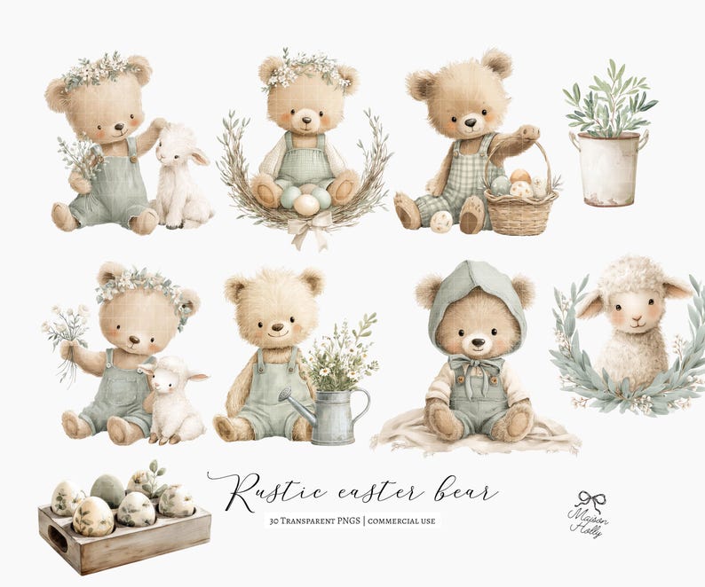 30 Rustic Easter Bear Clipart Bundle, Sage Green Watercolor, Farmhouse ...