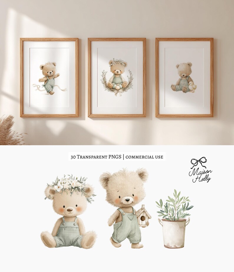 30 Rustic Easter Bear Clipart Bundle, Sage Green Watercolor, Farmhouse ...
