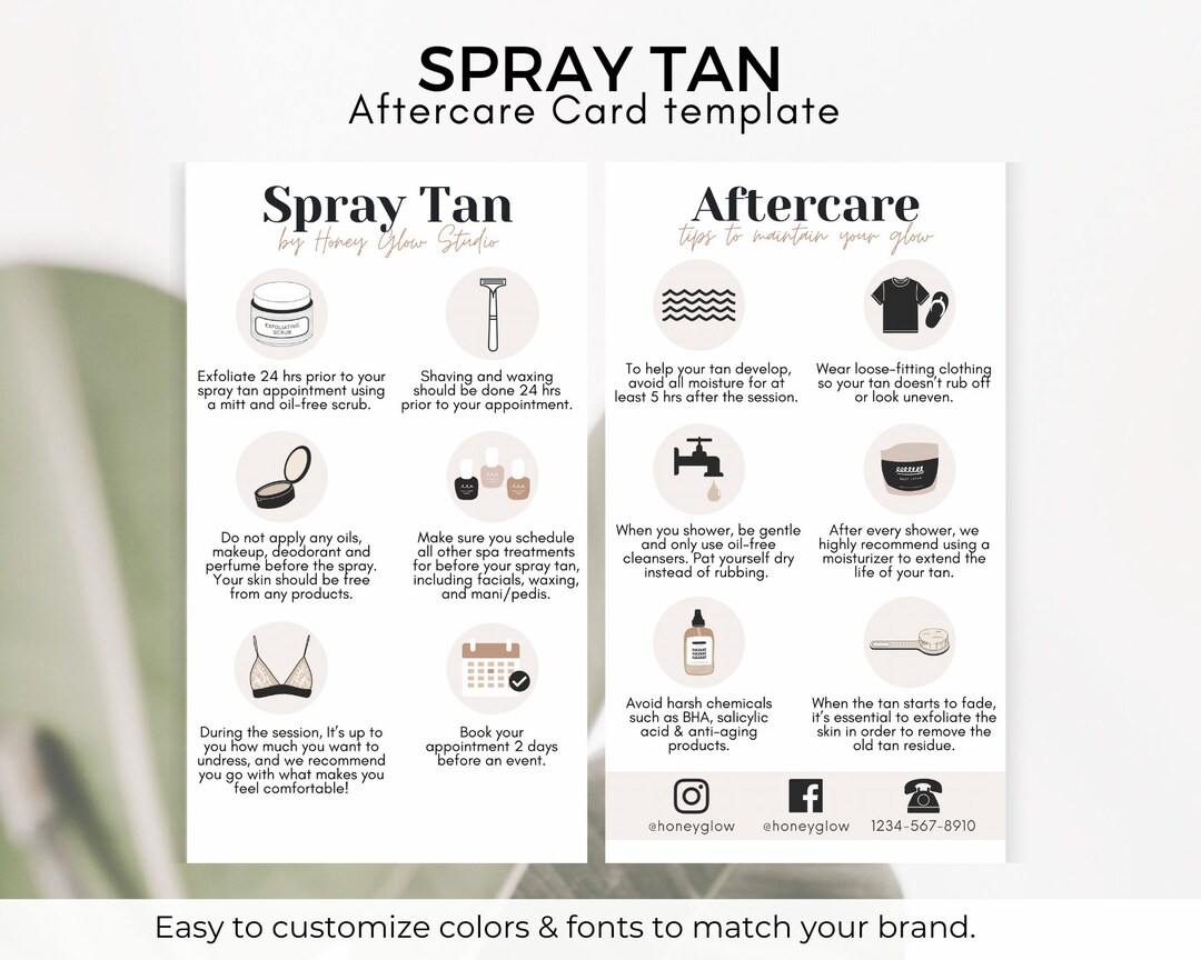 Spray Tan Aftercare Template, Tanning Care Card, Spray Tan Care Card ...
