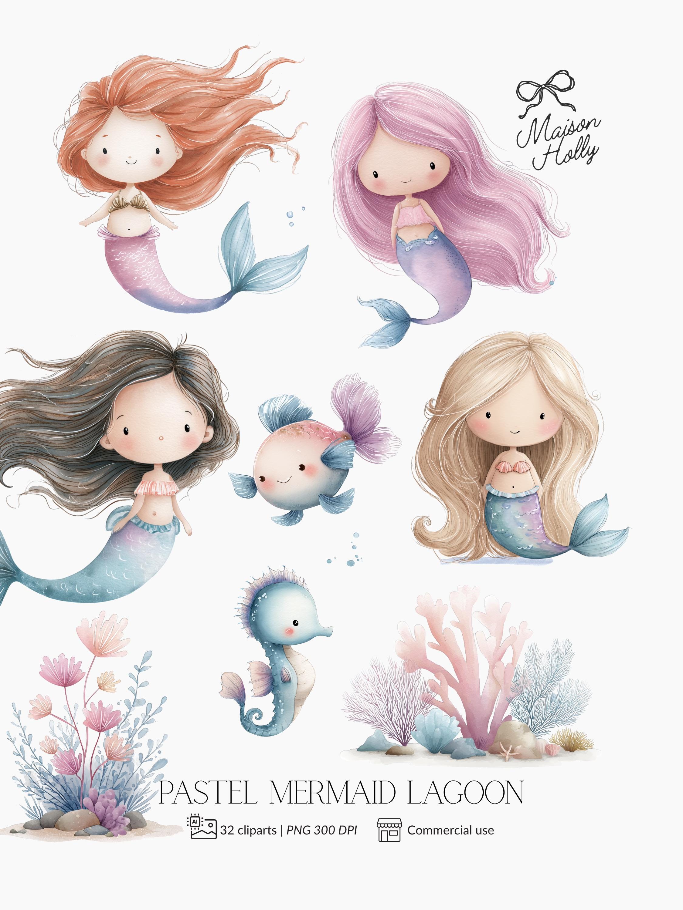 32 Cute Mermaid Clipart - Pastel Mermaid Clipart, Pastel Ocean Animals ...