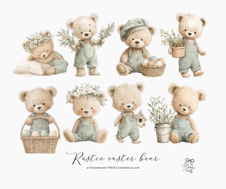 30 Rustic Easter Bear Clipart Bundle, Sage Green Watercolor, Farmhouse ...