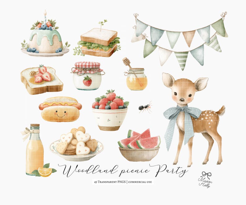 45 Wald Picknick Party Clipart Bundle, Aquarell süße Waldtiere PNG für ...