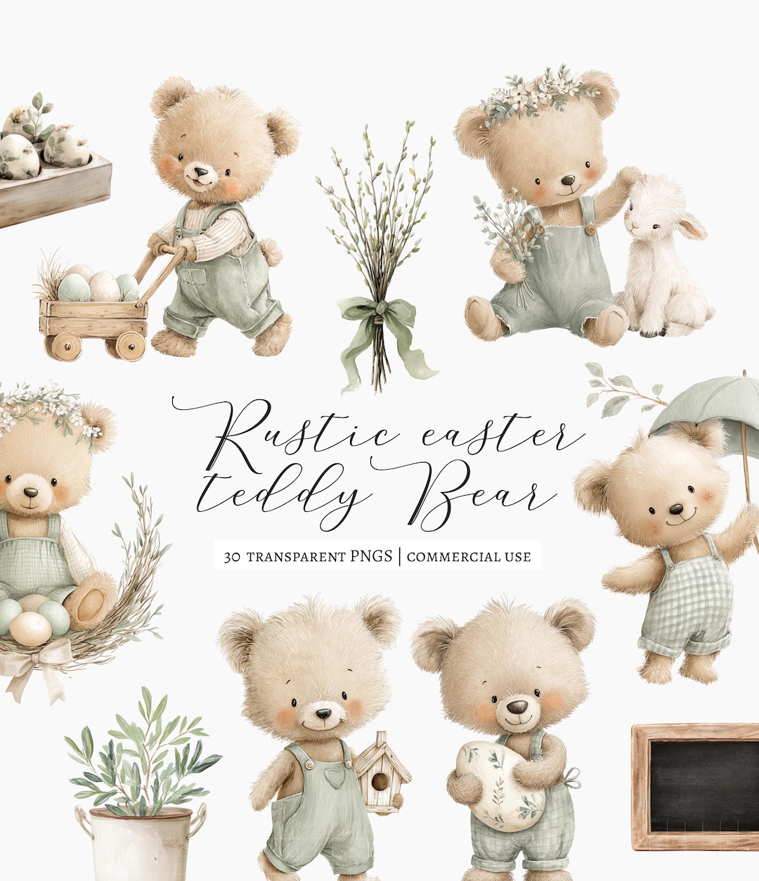 30 Rustic Easter Bear Clipart Bundle, Sage Green Watercolor, Farmhouse ...