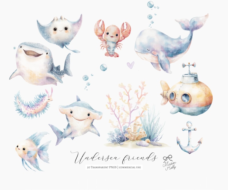 50 Pastel Ocean Animals Clipart Bundle, Cute Under the Sea PNG, Baby ...