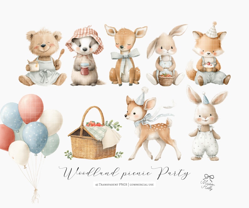 45 Wald Picknick Party Clipart Bundle, Aquarell süße Waldtiere PNG für ...