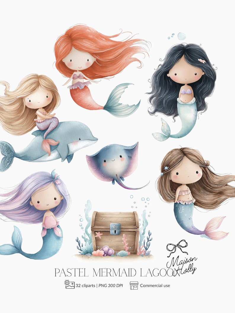32 Cute Mermaid Clipart - Pastel Mermaid Clipart, Pastel Ocean Animals ...