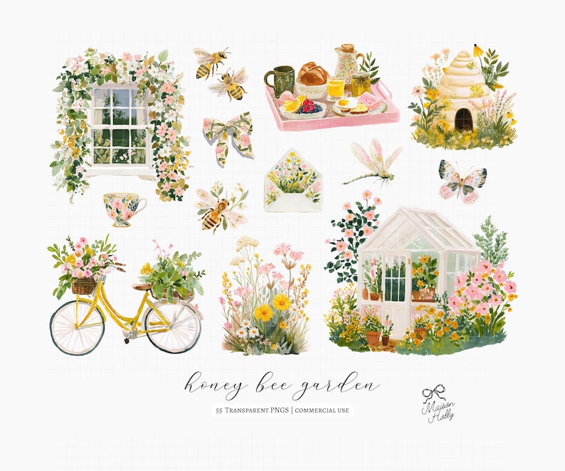 55 Bee Clipart Bundle, Honey Bee Watercolor PNG, Wildflower Art ...