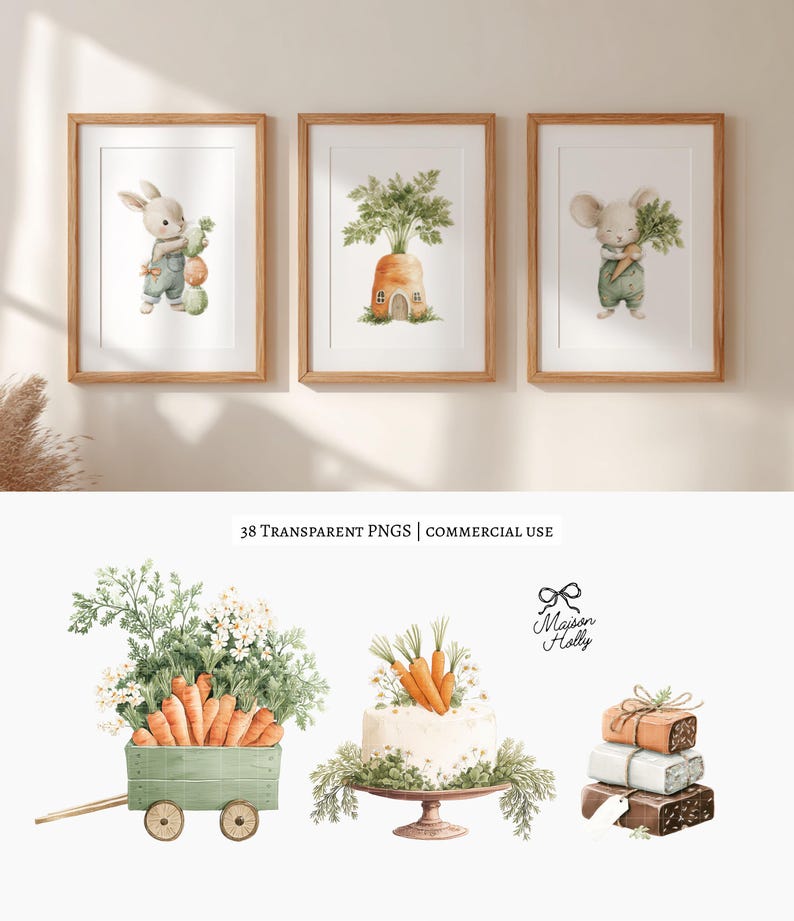 38 Easter Bunny Clipart Set, Carrot Bunny Watercolor PNG Bundle, Spring ...