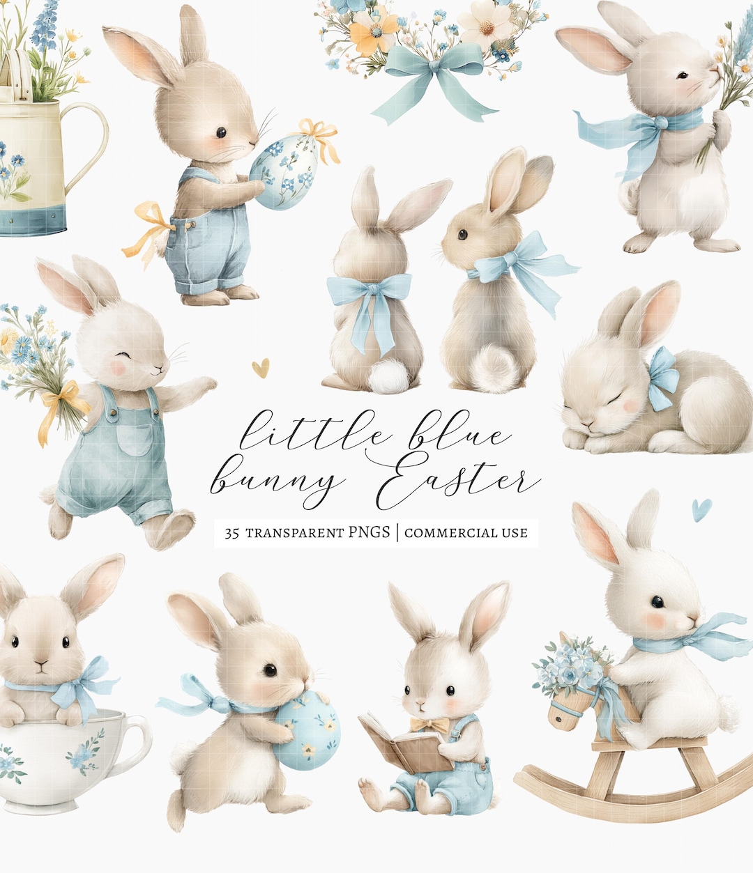 35 Easter Bunny Clipart Set, Baby Blue Bunny PNG, Cute Boho Bunny ...
