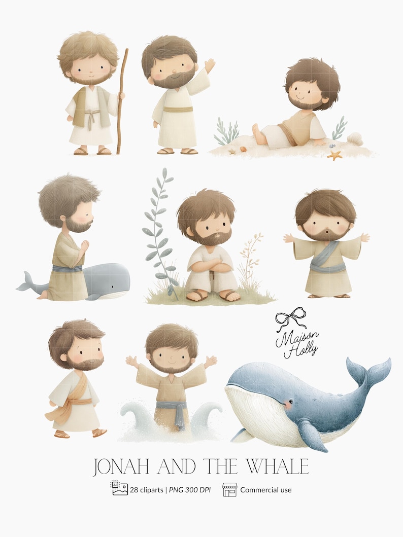 Jonah and the Whale Clipart Set, Biblical Story Clipart, Cute Bible PNG ...