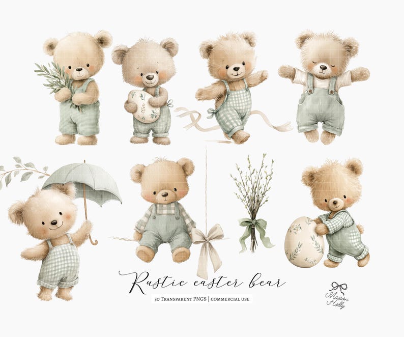 30 Rustic Easter Bear Clipart Bundle, Sage Green Watercolor, Farmhouse ...