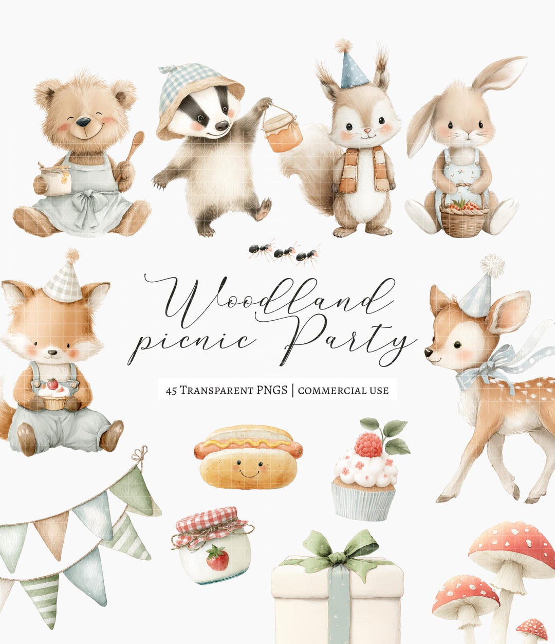 45 Wald Picknick Party Clipart Bundle, Aquarell süße Waldtiere PNG für ...
