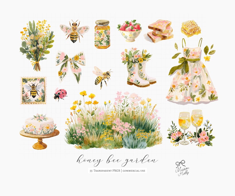 55 Bee Clipart Bundle, Honey Bee Watercolor PNG, Wildflower Art ...