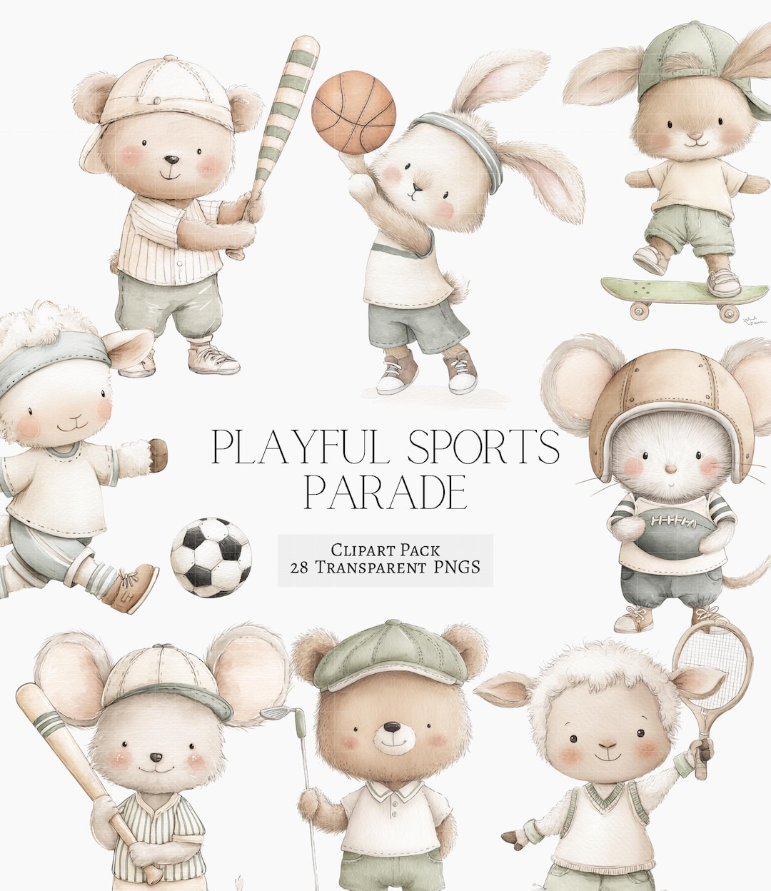 28 Sports Parade Clipart, Watercolor Nursery Art, Baby Sports Animal ...
