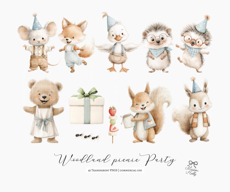 45 Wald Picknick Party Clipart Bundle, Aquarell süße Waldtiere PNG für ...
