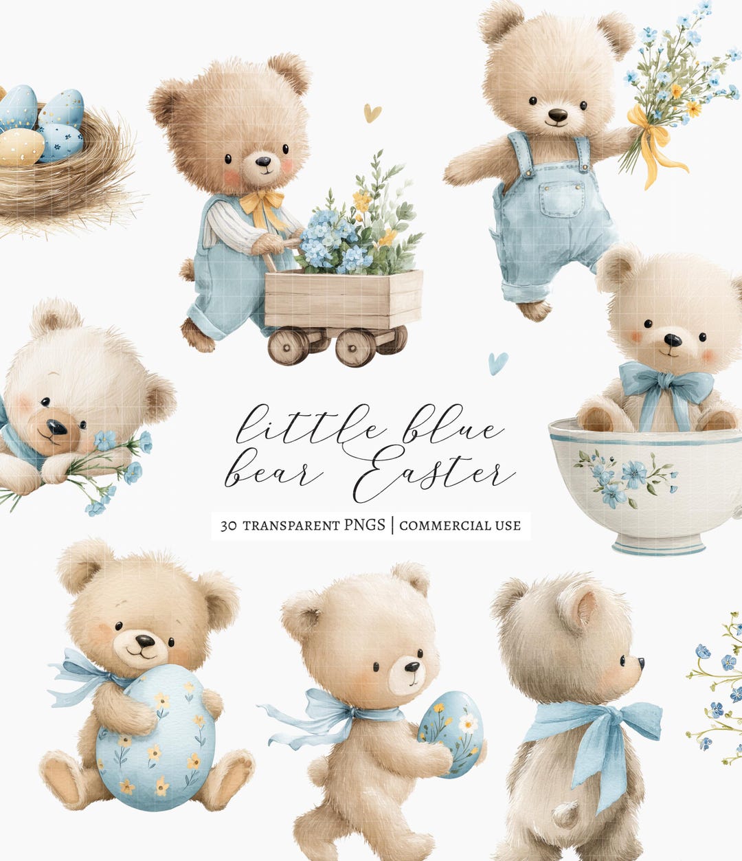 30 Easter Bear Clipart Set, Baby Blue Bear PNG, Cute Boho Teddy Bear ...