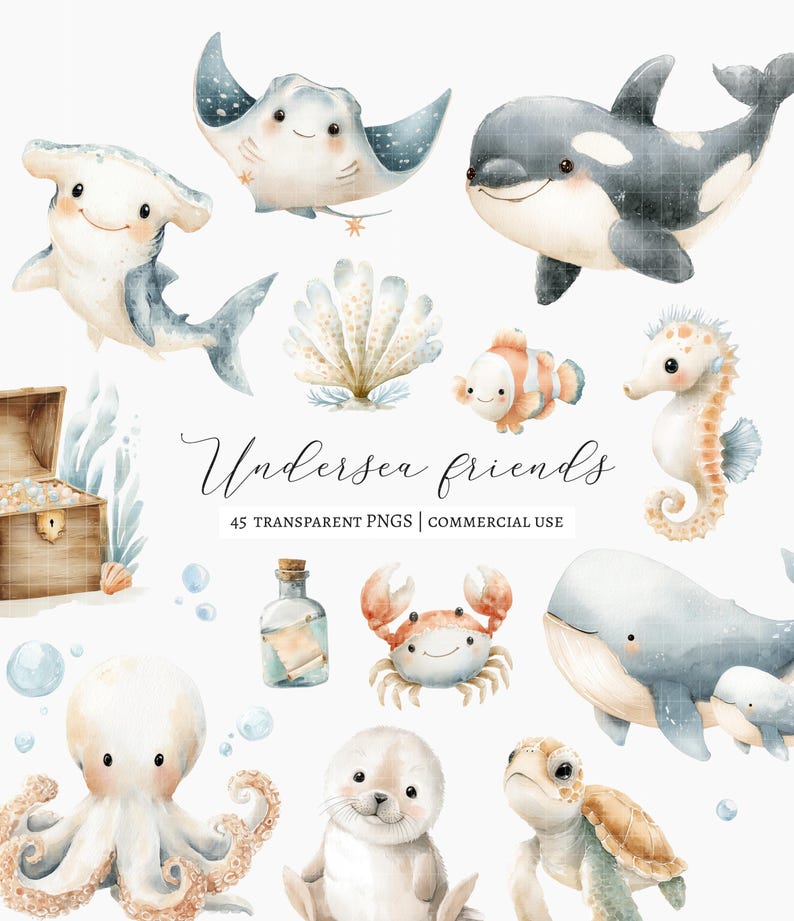 45 Boho Ocean Animals Clipart Bundle, Cute Under the Sea PNG, Baby ...