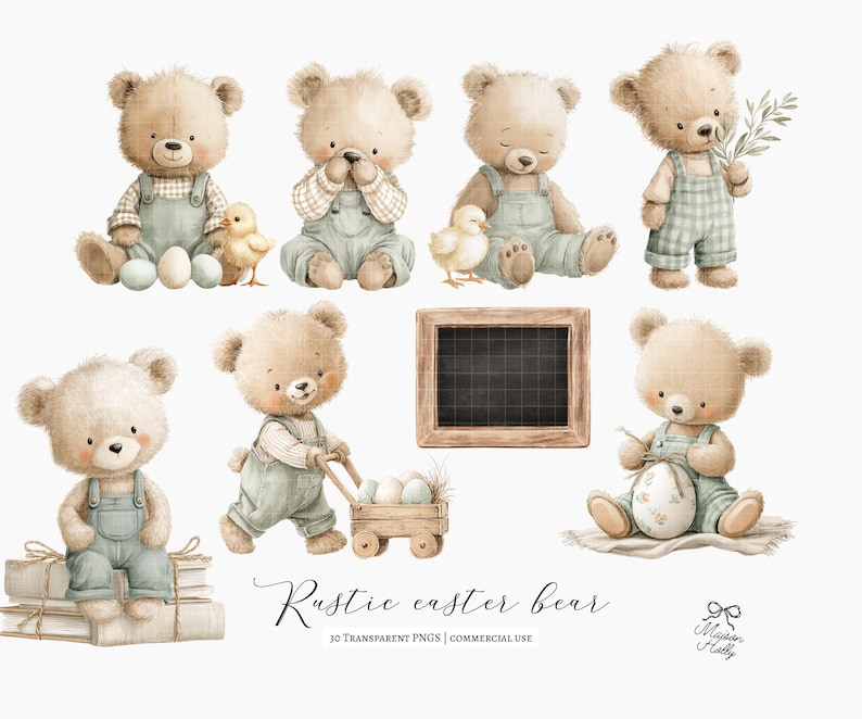 30 Rustic Easter Bear Clipart Bundle, Sage Green Watercolor, Farmhouse ...