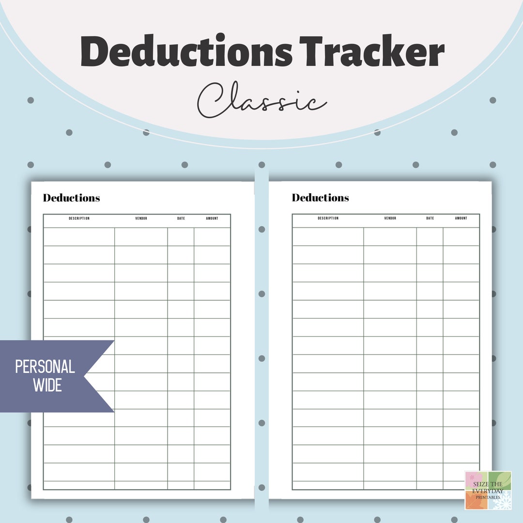 DEDUCTIONS TRACKER PLANNER. Printable. Personal Wide Size. Deductions ...