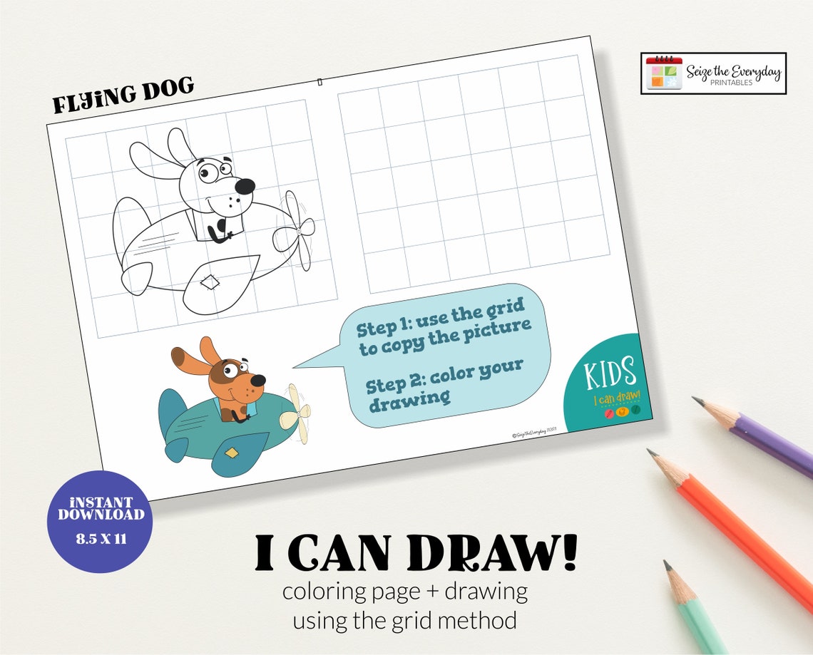 Coloring Page. I Can Draw Series. Grid Drawing. Flying Dog. - Etsy