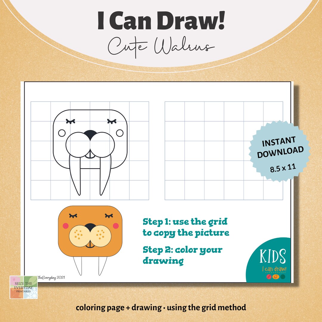 Coloring Page. I Can Draw! Series. Grid Drawing. Cute Walrus. Printable ...